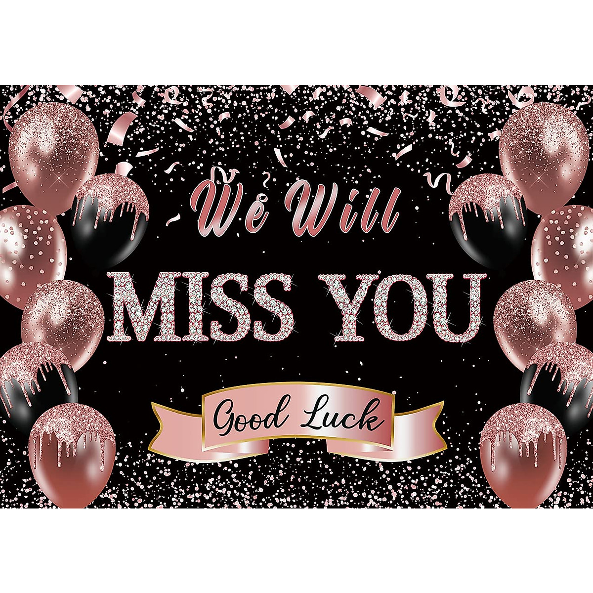 Retirement Farewell Party Backdrop We Will Miss You Rose Gold Glitter Balloon Photography Background Goodbye Going Away Retirement Bye Office Work Graduation Party Decoration 7x5FT