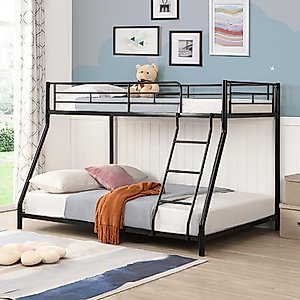 Neylory Metal Bunk Bed Twin Over Full Heavy Duty Bunk Beds with Guardrails and Built-in Ladders Industrial Steel Bunkbed Frame for Boy Girl Kid Teens(Full over Twin)