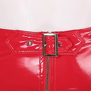 Huimingda Women's Shiny Latex Booty Shorts High Waisted Zipper Crotch Cheeky Hot Pants Sexy Brief Bottoms Red Small