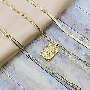 JoycuFF Dainty Layered Initial Necklaces Gift for Women, 18K Gold Plated Paperclip Chain Necklace Simple Cute Letter Pendant Initial M Choker Necklace Gold Layered Necklaces for Women