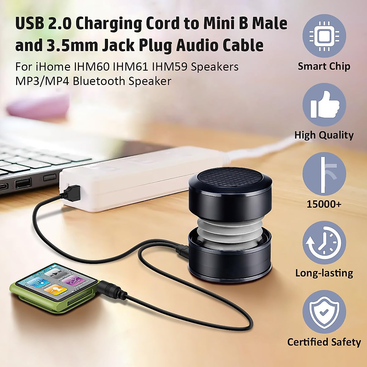 EAGLEGGO USB2.0 Charging Cord to Mini B Male and 3.5mm Jack Plug Audio Cable for iHome IHM60 IHM61 IHM59 Speakers MP3/MP4 Bluetooth Speaker (Mini USB)