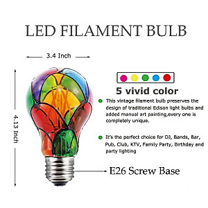 Greeogin Dimmable Stained Glass LED Light Bulb Led Color Bulb,E26 Base 4 Watts A19/A60 LED Light Bulbs,for Party Light,Festive Atmosphere,Home Lighting,Bedside Lamp,2 Pack