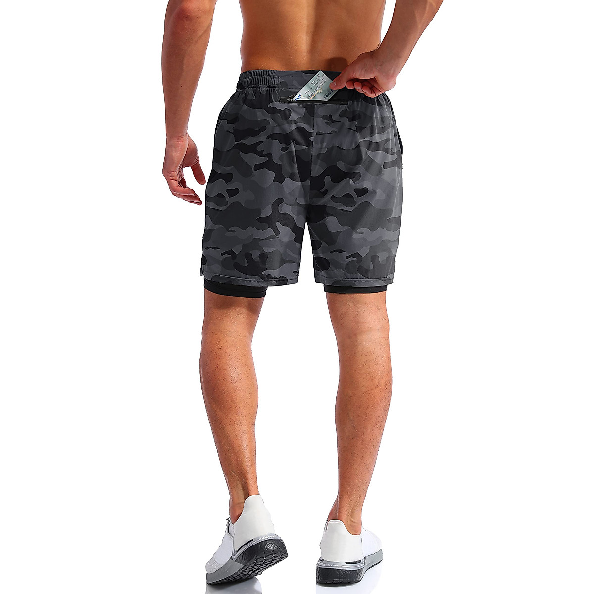 Pudolla Men’s 2 in 1 Running Shorts 7" Quick Dry Gym Athletic Workout Shorts for Men with Phone Pockets(Black Camo Large)