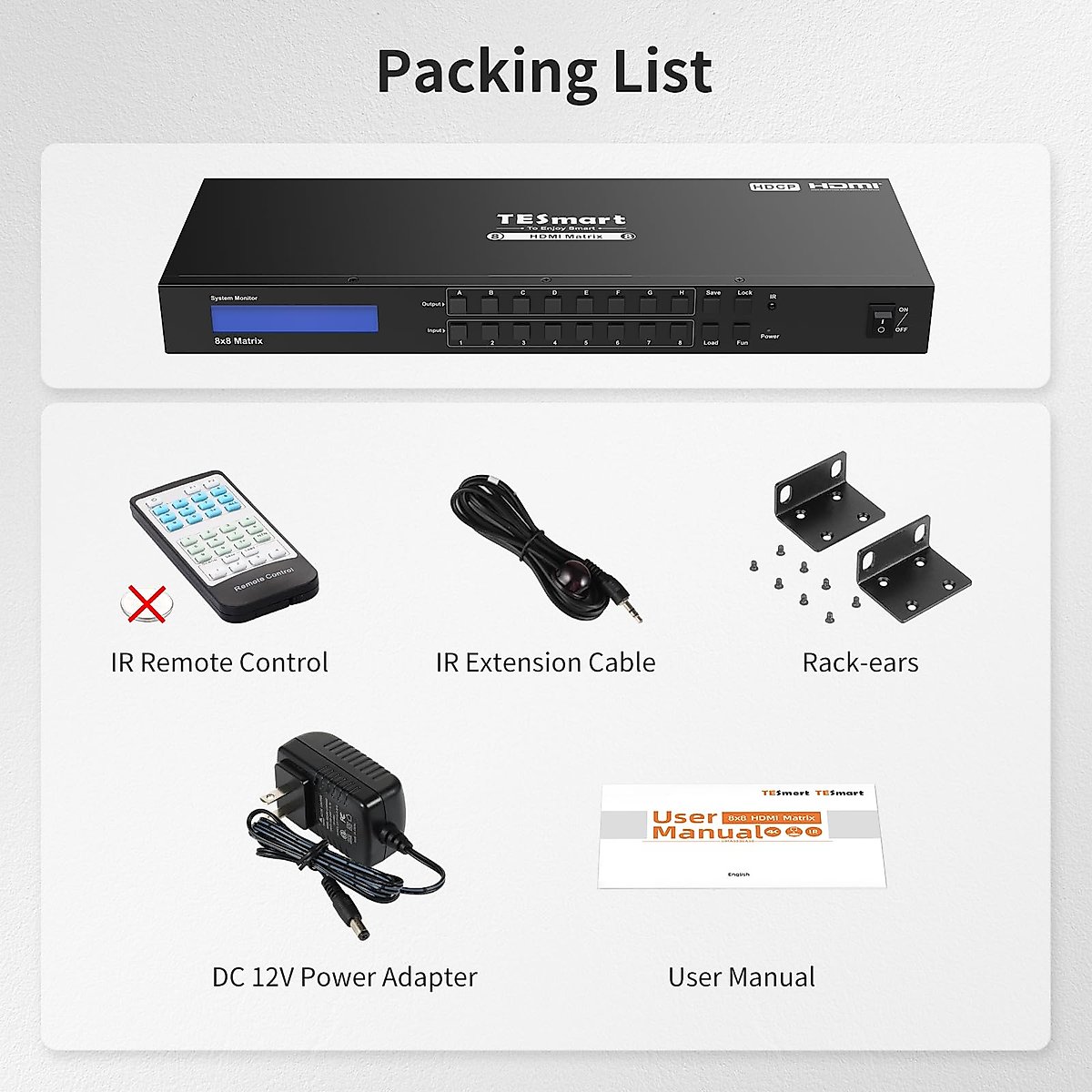 TESmart 8x8 HDMI Matrix 4K Matrix Switcher Support EDID, 4K@30HZ, 1080P 3D, HDCP, 8 in 8 Out HDMI Switch with IR Remote Control, RS232, TCP/IP Control, Rack-Mount HDMI Matrix