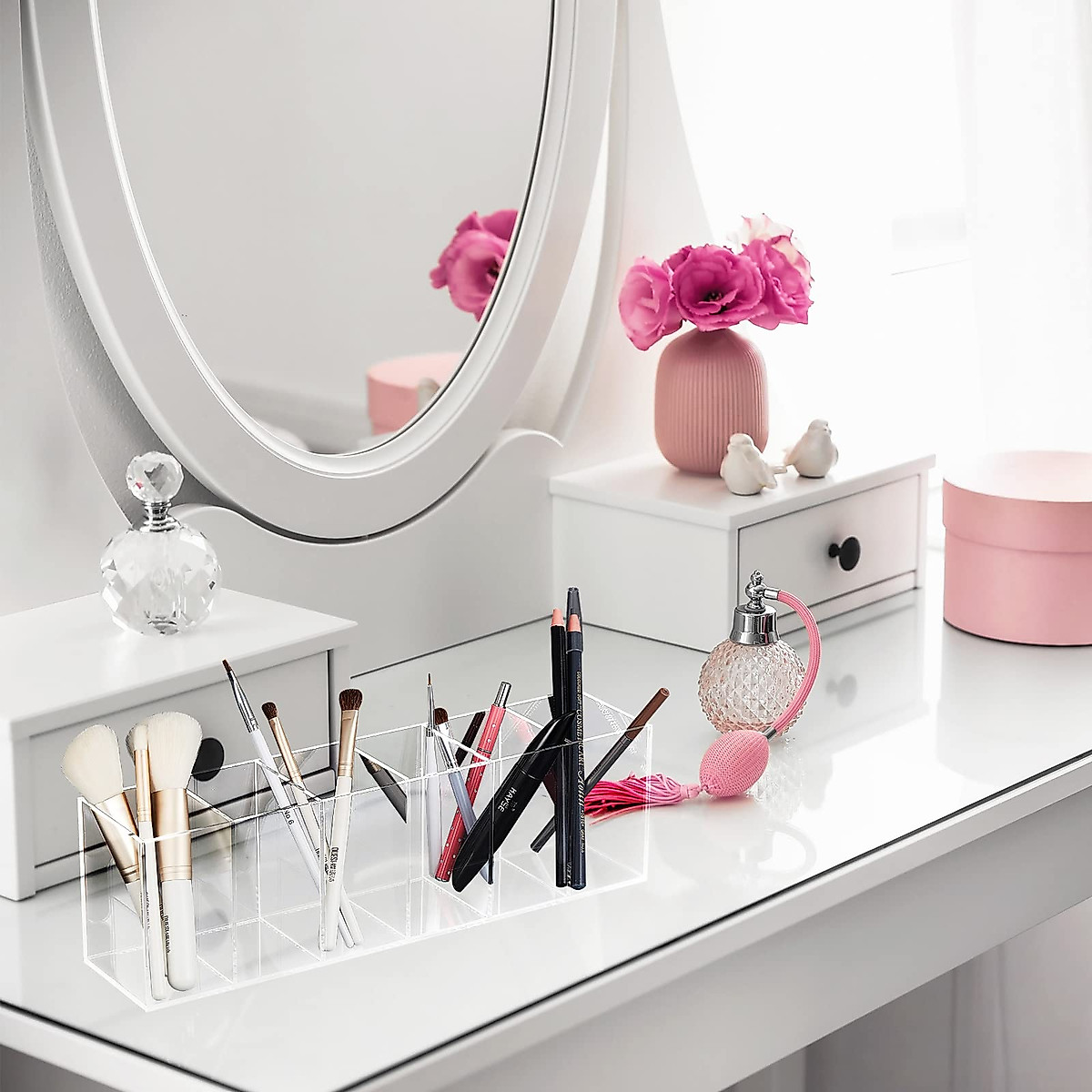 Jetec Acrylic Pencil Holder 6 Compartments Pen Holder Stationery Organizer Makeup Storage Box for Desk Accessories, Cosmetic Brushes, Office, Dorm, Bathroom, Kitchen Supplies (Clear)