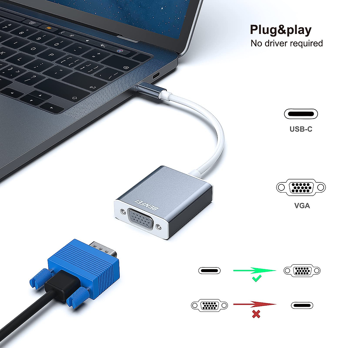 BENFEI USB C to VGA Adapter, Type-C(Thunderbolt 3/4) to VGA Adapter with iPhone 15 Pro/Max, MacBook Pro/Air 2023, iPad Pro, iMac, S23, XPS 17, Surface Book 3 and More[Aluminium Shell]