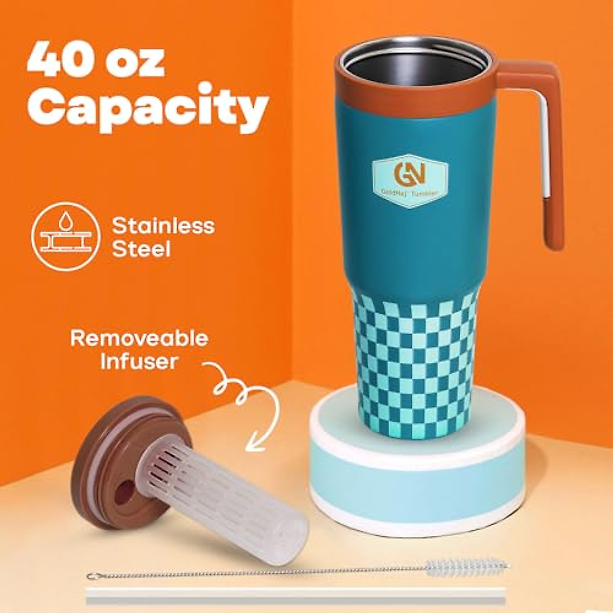 40 oz Travel Tumbler with Removable Infuser- Double Wall Vacuum Insulated Leak Proof Tumbler with Handle, Stainless Steel Travel Mug with Lid for Tea Coffee &Juice Sports Water Flask Cup 2-in-1