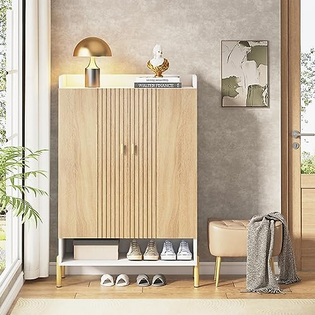 LITTLE TREE Storage Organizer Cabinet Wood Shoe Rack with Doors Adjustable Shelves, Wood & White