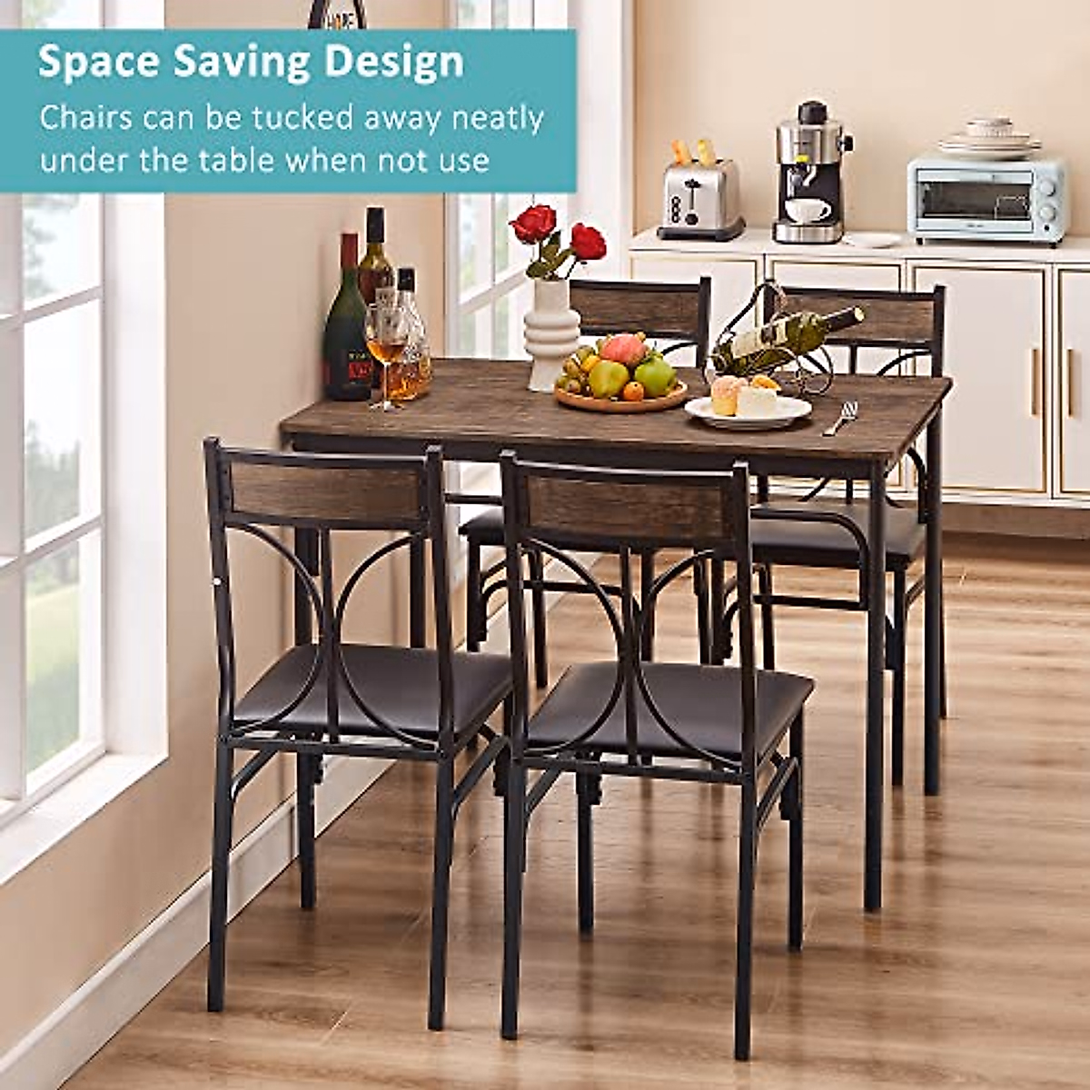 VECELO 5 Piece Kitchen Table Room,Dinette,Breakfast Nook,Industrial Style, Dining Set for 4, Retro Brown