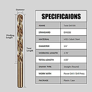 Hymnorq 1/4 Inch Fractional Size M35 Cobalt Steel Twist Drill Bit Set of 10pcs, Jobber Length and Straight Shank, Extremely Heat Resistant, Suitable for Drilling in Stainless Steel and Iron