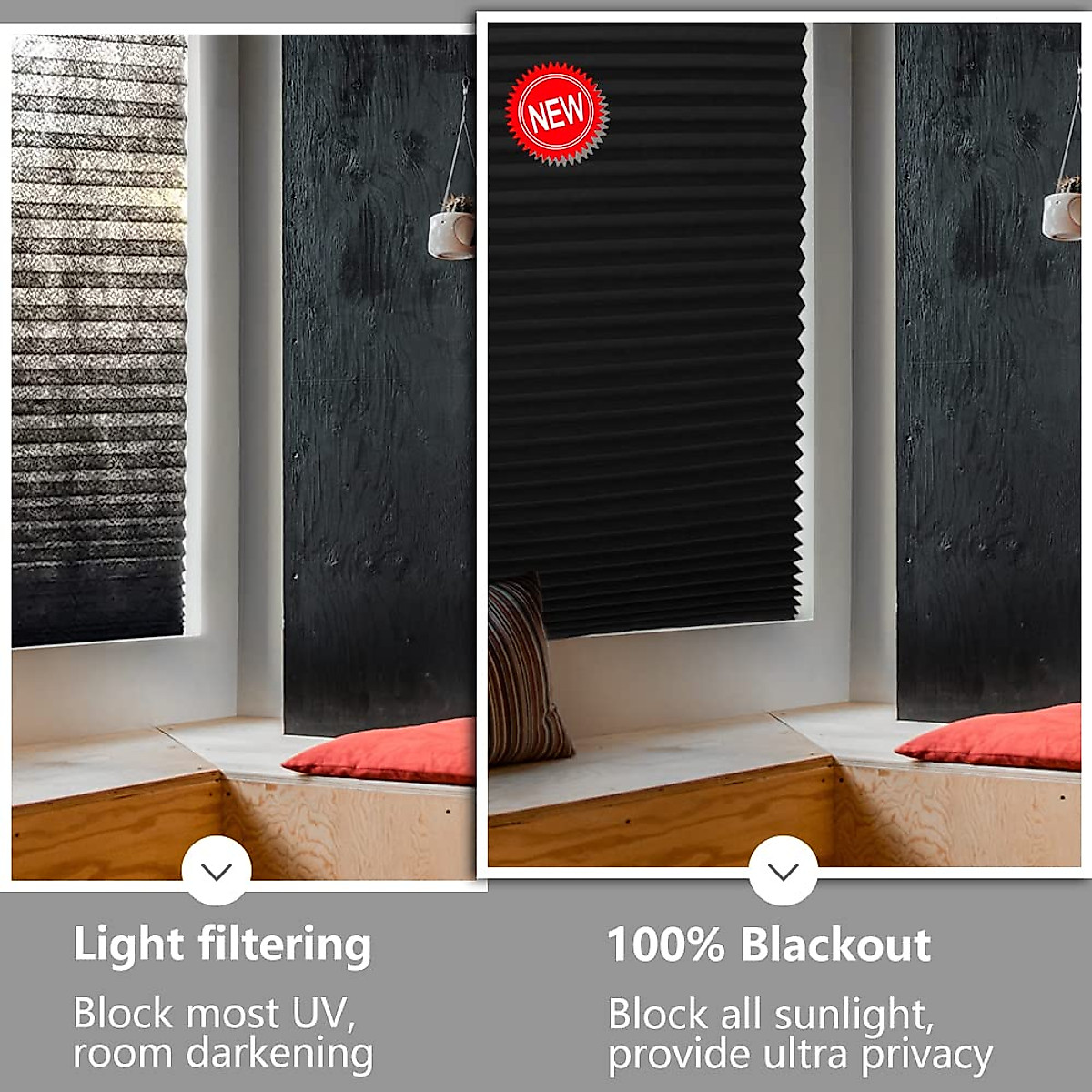 LUCKUP 1 Pack Cordless Blackout Pleated Fabric Shade, Easy to Cut and Install, with 2 Clips (48"x72" - 1 Pack, Black)