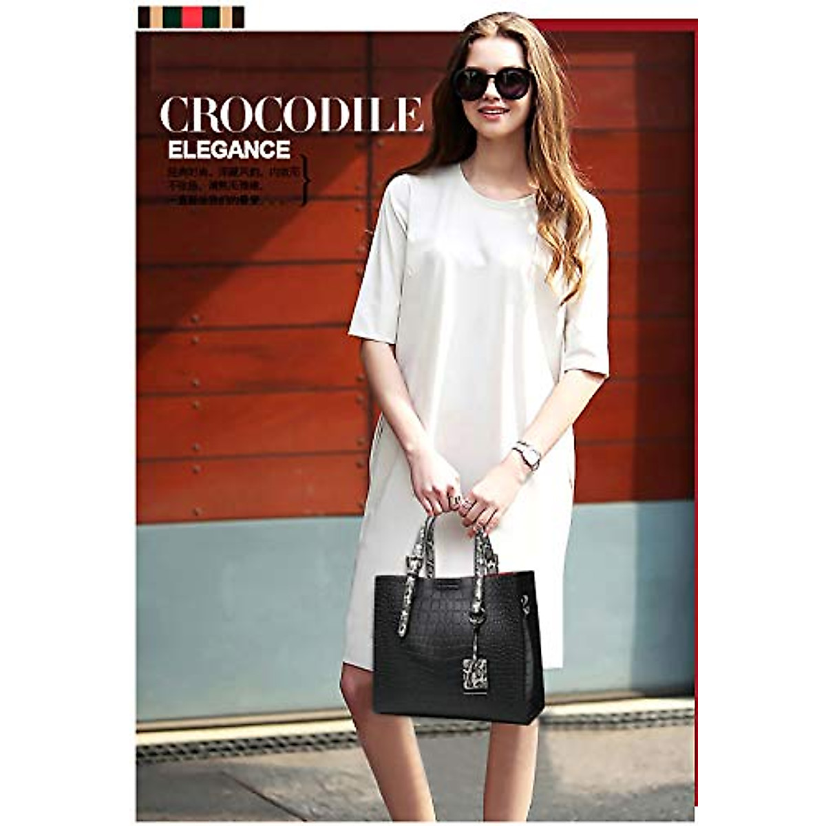 Women Fashion Crocodile Pattern Handbag Snakeskin Top Handle Tote Purse Shoulder Crossbody Bag, Black