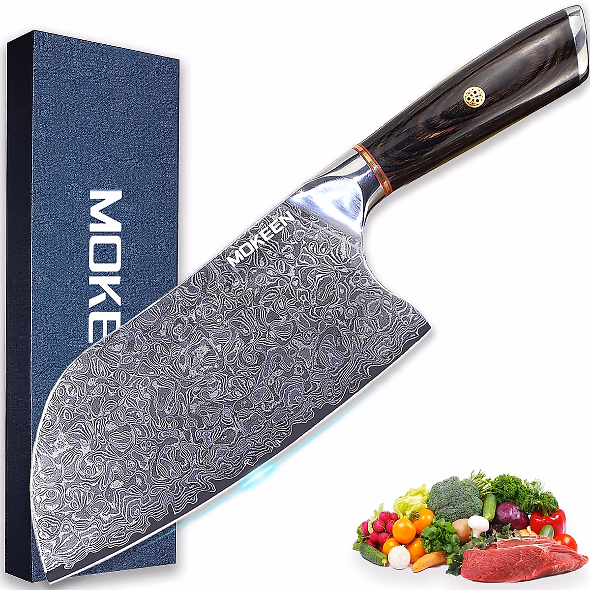 MOKEEN Cleaver Knife 7 Inch, 67 Layers VG10 Damascus Steel Kitchen Knife, Ultra Sharp Meat Cleaver, Professional Chef Knife with Unique Wood Handle, Full Tang, Gift Box