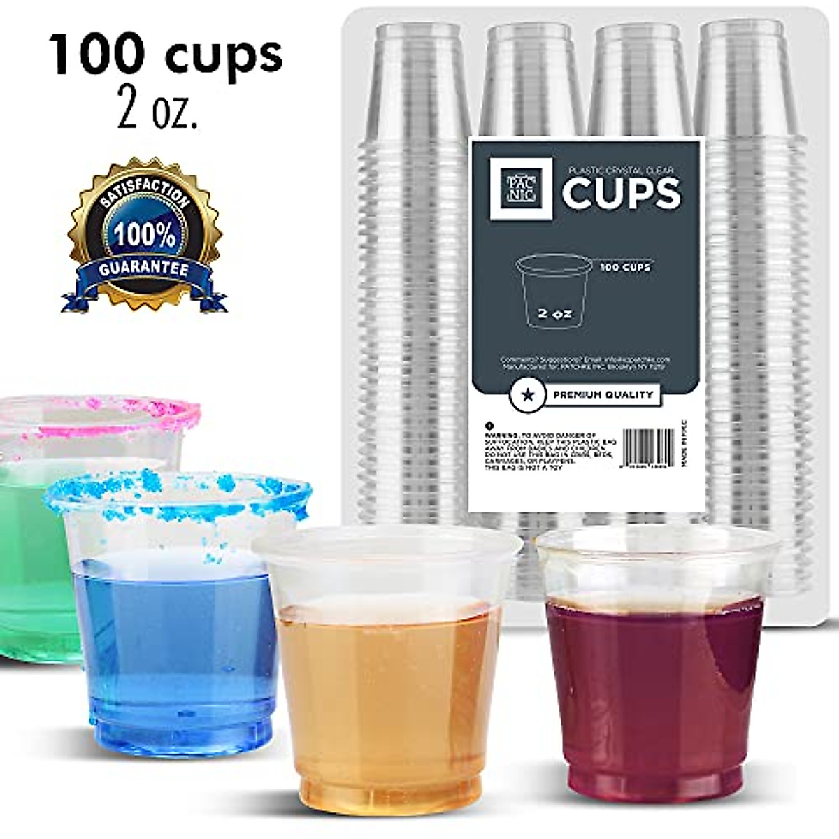 Plastic Shot Glasses 2 Oz - Disposable mini Jello Shot Cups, Party Tumblers For Condiments, samples, Sauce, (100 Cups)