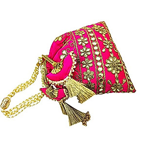 Bombay Haat Ethnic Indian Designer Silk Potli Bag Purse Evening Bag Clutch Purse for Wedding Party Cocktail Prom Gifting (Hot Pink)