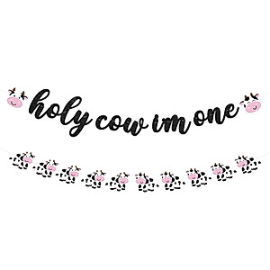 Holy Cow I'm One Banner for Cow Themed Birthday Party Glitter One Cow Banners Farm Animal Party Decorations Cow 1st Print Birthday Banners