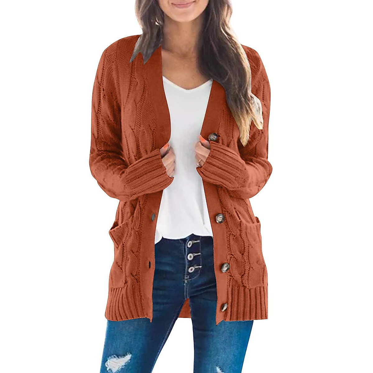 MEROKEETY Women's 2025 Fall Long Sleeve Cable Knit Sweater Open Front Cardigan Button Loose Outerwear Rust