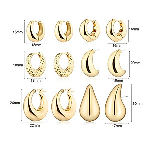 Wgoud Gold Hoop Earrings for Women, Chunky Lightweight Waterdrop Thick Open Hoop Earrings, Hypoallergenic Huggie Hoops Earrings Jewelry Gifts for Women Girls. (6 gold hoops)