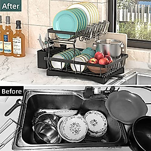 SUPPNEED Dish Drying Rack with Drainboard, 2-Tier Dish Racks for Kitchen Counter, Dish Strainers with Extra Drying Mat , Utensil Holder , Cutting Board Holder ,Wine Glass Holder, Black