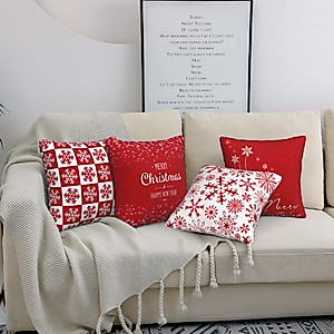 HELERKOL Set of 4 Red Merry Christmas Throw Pillow Covers 18 x 18 inch Snowflake Pillow Covers for Couch Sofa Winter Holiday Decoration Cushion Case