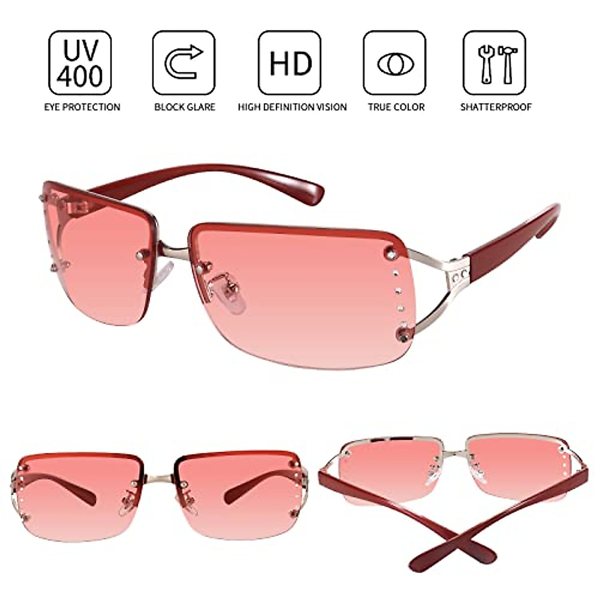 Dollger Rimless Y2K Sunglasses for Women Men Rectangle Trendy Glasses Retro Frameless Fashion Wrap around Sunnies Futuristic 90s