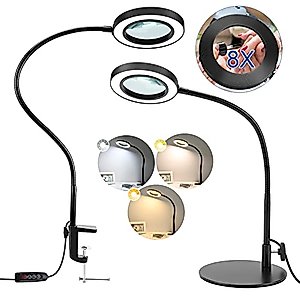 8X Magnifying Glass with Light and Stand, 2-in-1 Real Glass Lens Desk Lamp, 3 Color Modes Stepless Dimmable Magnifying Lamp & Clamp, Adjustable LED Lighted Magnifier for Reading, Crafts, Cross Stitch