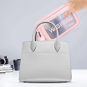 YuanCheng Upgrade Travel Toiletry Bags for Women, Pack-4 Different Size Make Up Bags with Handle, Large Capacity Translucent Waterproof Travel Cosmetic Bags (Comestic Bag-Pink)