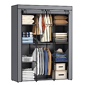 HODYANN Portable Closet, Wardrobe Closet with 10 Storage Shelves and 2 Hanging Rods, Non-Woven Fabric Cover, 52.4 x 18.1 x 66.6 Inches Closet Organizer for Bedroom, Gray