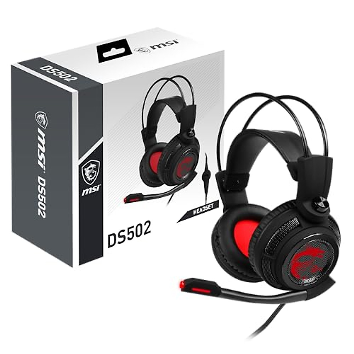 MSI DS502 Gaming Headset, Enhanced Virtual 7.1 Surround Sound, Ergonimic Design, Omnidirectional Microphone, Intelligent Vibration System, Red LED Lighting, PC/Mac