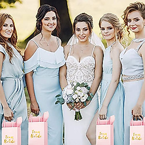 Outus 12 Pieces Team Kraft Bride Gift Bag Bridesmaid Gift Bag Wedding Bride Handles Paper Bag with 12 Pieces Tissue Paper for Wedding Bridal Party, Pink, Gold Letter(3 x 6 x 8 Inch)