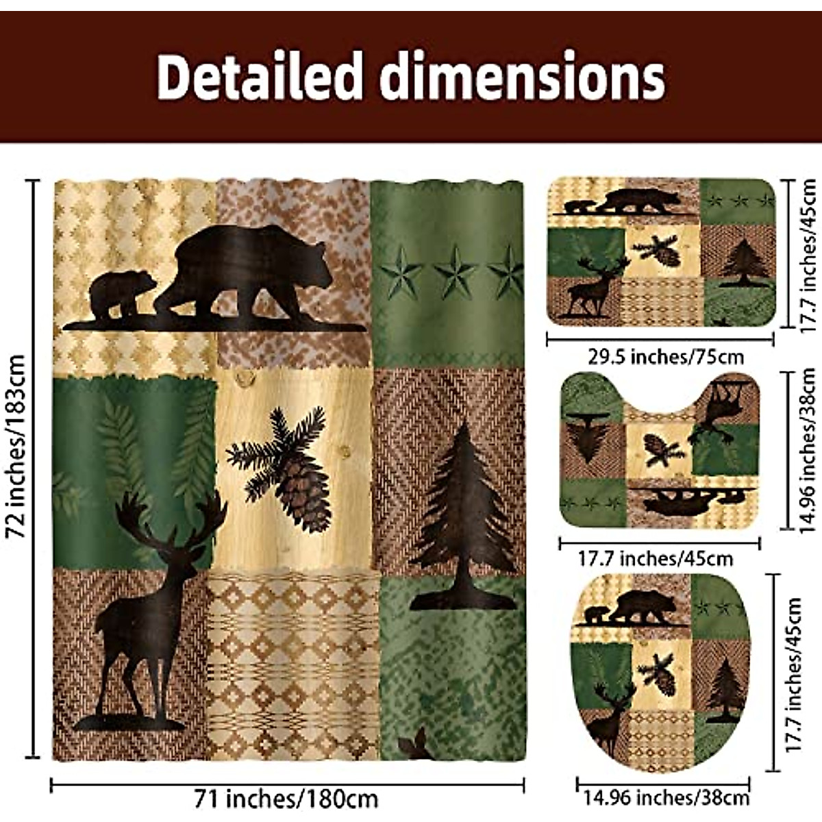 EARVO Forest Deer Bear Patchwork Pattern Shower Curtain, 4PCS Bath Sets with Non-Slip Rugs U-Shaped Mat Toilet Lid Cover Pine Tree Pinecone, Polyester with 12 Hooks 71x72 in SETMYEA38