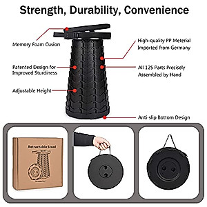 Hesanzol Portable Telescopic Stool with Seat Cushion, Adjustable Retractable Folding Stool for Indoor Outdoor, Lightweight Collapsible Stool for Adults, Load Capacity 400lbs (Black)