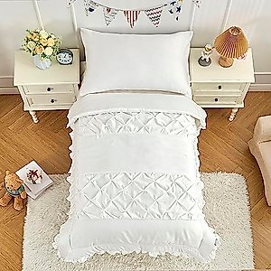 Toddler Bedding Set for Girls 4 Piece white Pinch Pleated Ruffle Fringe Pintuck Toddler Bed Comforter Sheet Set for Kids Bed-in-a-Bag Quilt Crib Set with Comforter,Flat Sheet,Fitted Sheet,Pillowcase