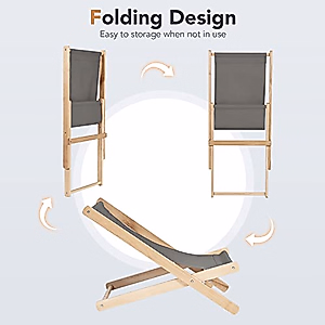 Tangkula Folding Sling Chair, Outdoor Wood Portable Beach Chair with 3-Positions Adjustable Backrest, Patio Lounge Chair with Thick Cushion for Yard Poolside Balcony (2)