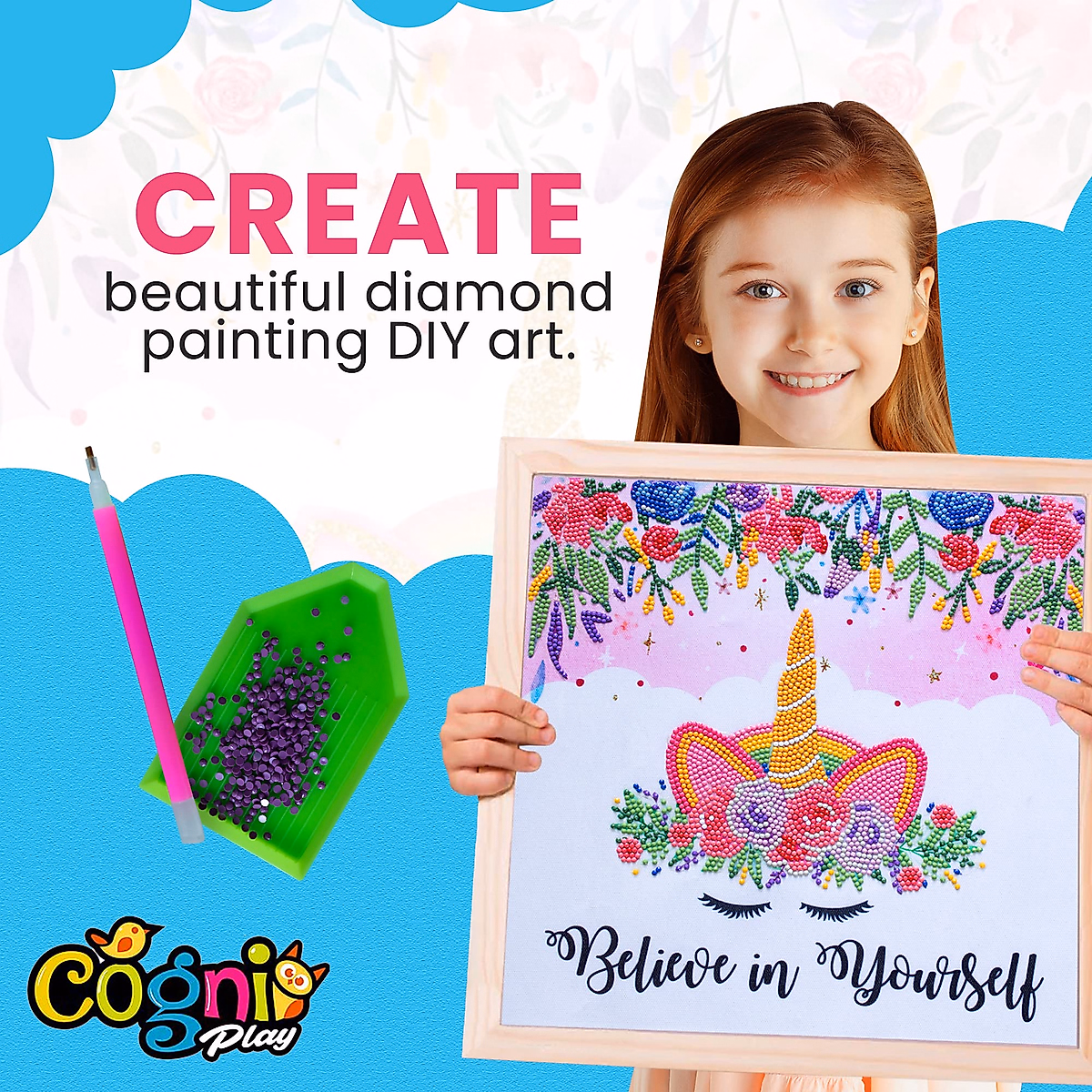 Diamond Art for Kids, Unicorn Diamond Painting Set, Gem Painting with Number Guide for Relaxation and Motor Skills, Believe in Yourself Unicorn Kit 12 x 12 Inches - Cogni Play