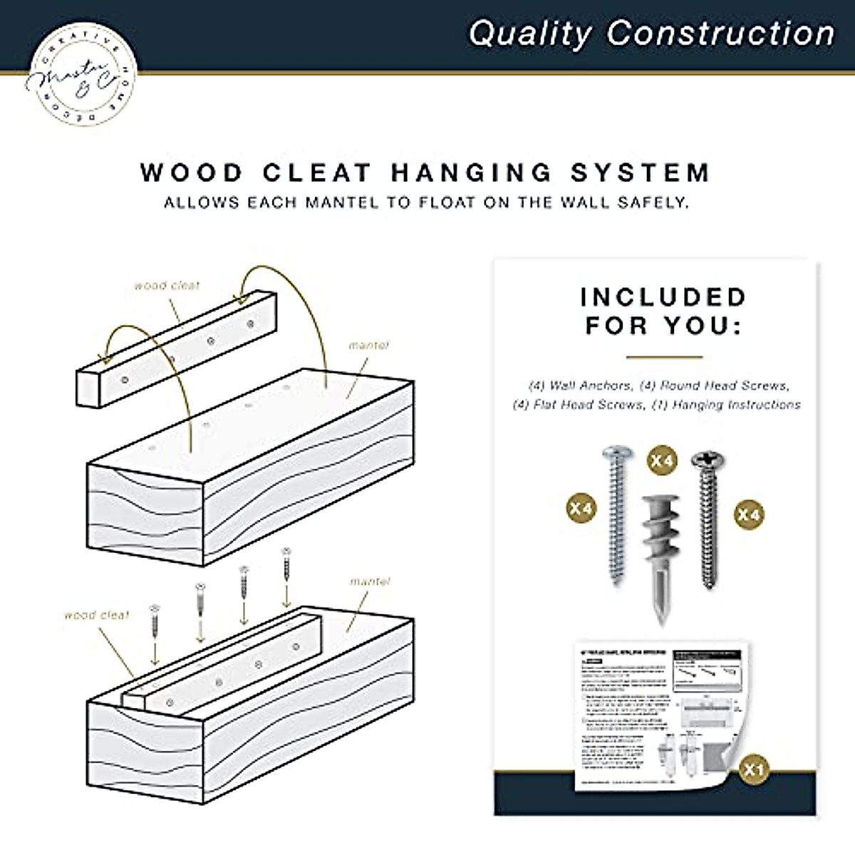 Master and Co. 60 Inch Floating Wood Fireplace Mantel, Natural