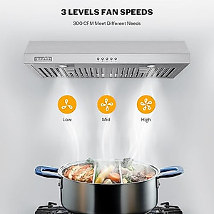 Empava Ductless Under Cabinet Range Hood 36 Inch, Convertible Ducted (Rear/Top Vent), 300 CFM, Push Button Plug in, Stainless Steel