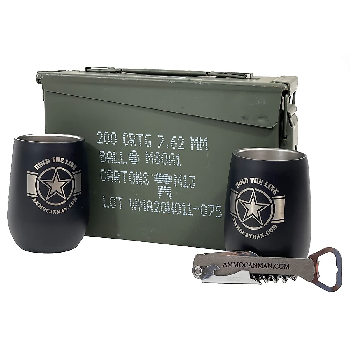 (1) 30 Cal Grade 1 Military Ammo Can (Used) - (2) Laser Engraved, “Hold The Line” Insulated Wine Tumblers - (1) Laser Engraved, Corkscrew/Multi-Tool