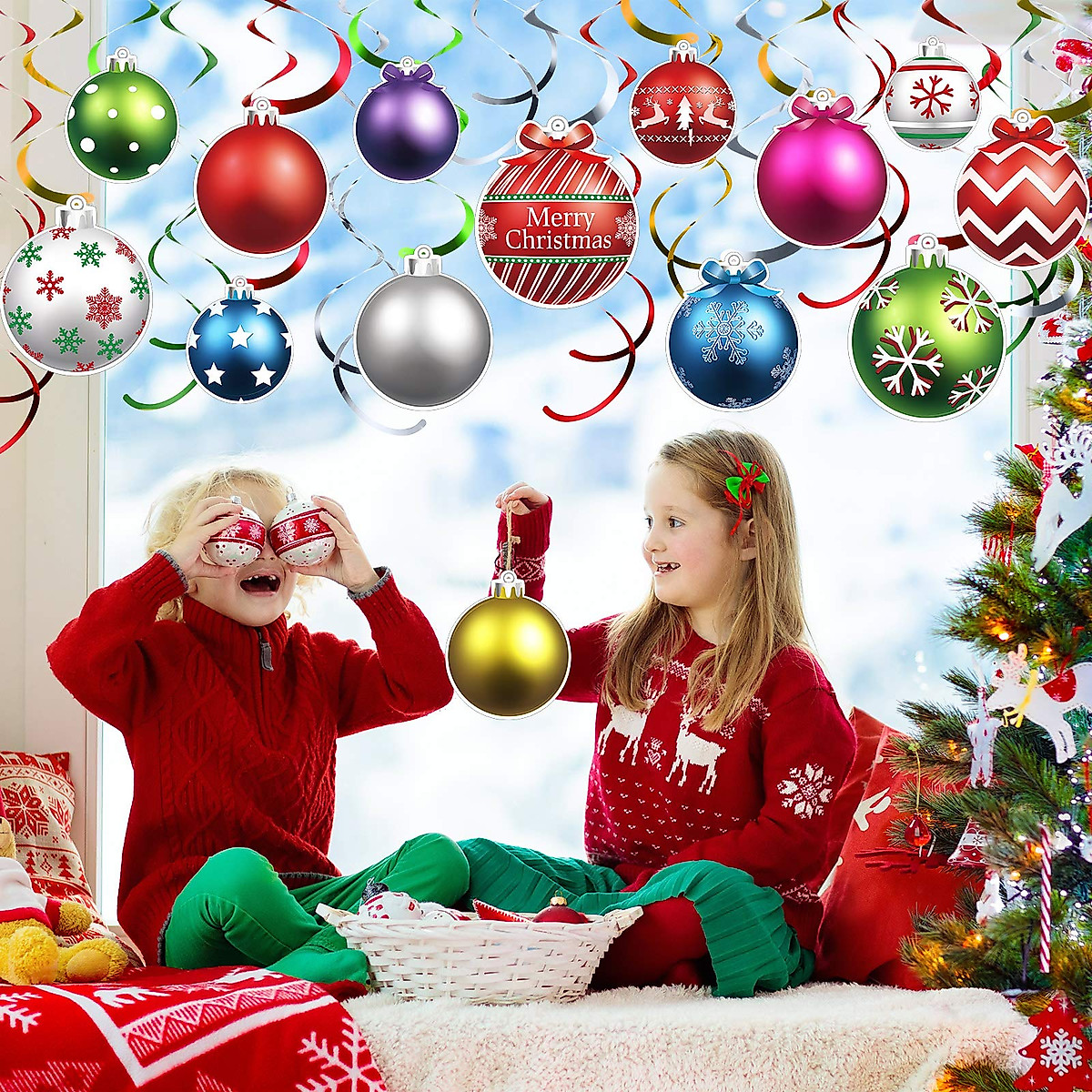 50 Pcs Christmas Foil Swirl Decorations Set for Ceiling, Snowman and Elk Signs - Holiday Party Supplies (Ball)