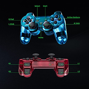 Burcica Wireless Controller for PS2 Play Station 2 Dual Vibration 2 PC (ClearBlue and ClearRed)
