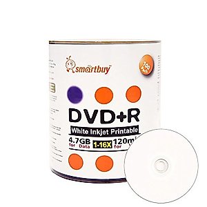 Smart Buy 100 Pack DVD+R 4.7gb 16x White Printable Inkjet Blank Media Record Disc, 100 Disc 100pk