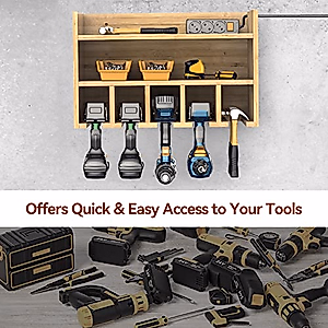 Purbambo Power Tool Organizer Wall Mounted, Bamboo Drills Shelf Rack with Charging Station and 5 Hanging Slots, Power Tools Storage Cabinet