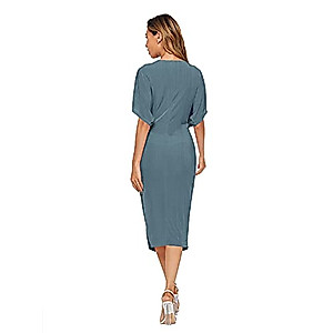 Floerns Women's Short Sleeve V Neck Twist Front Split Midi Dress Dusty Blue L