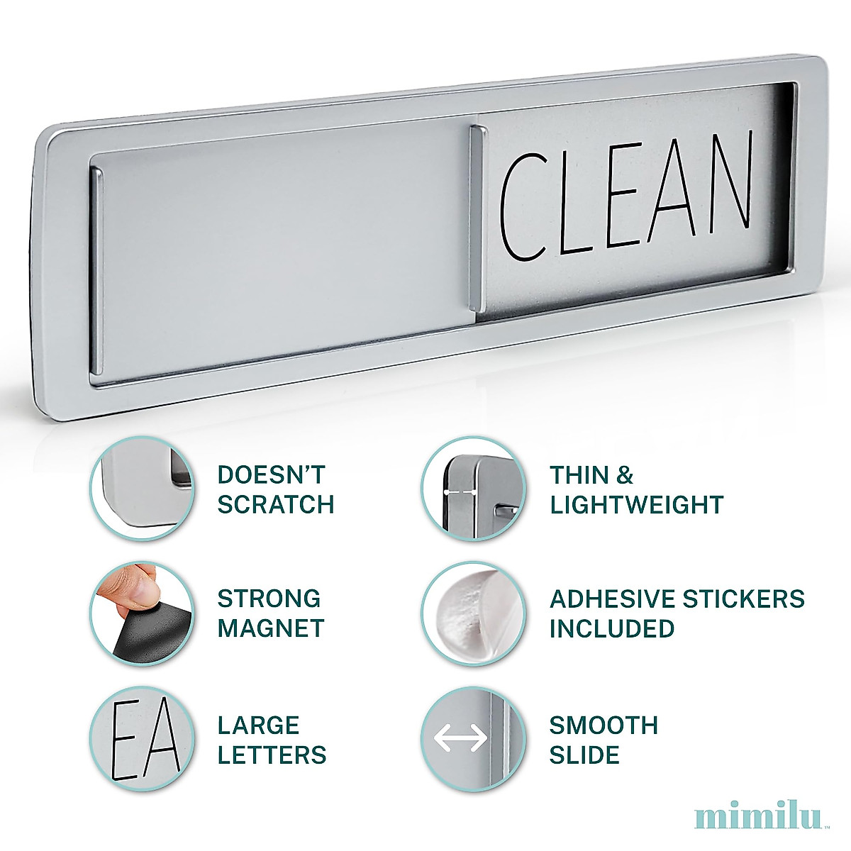 MIMILU Dishwasher Magnet Clean Dirty Sign by Stackd - Easy to Read & Slide Non-Scratching Strong Magnet Indicator w. Optional Adhesive Stickers. Simple Yet Stylish, Large Slim Letters (Silver Black)
