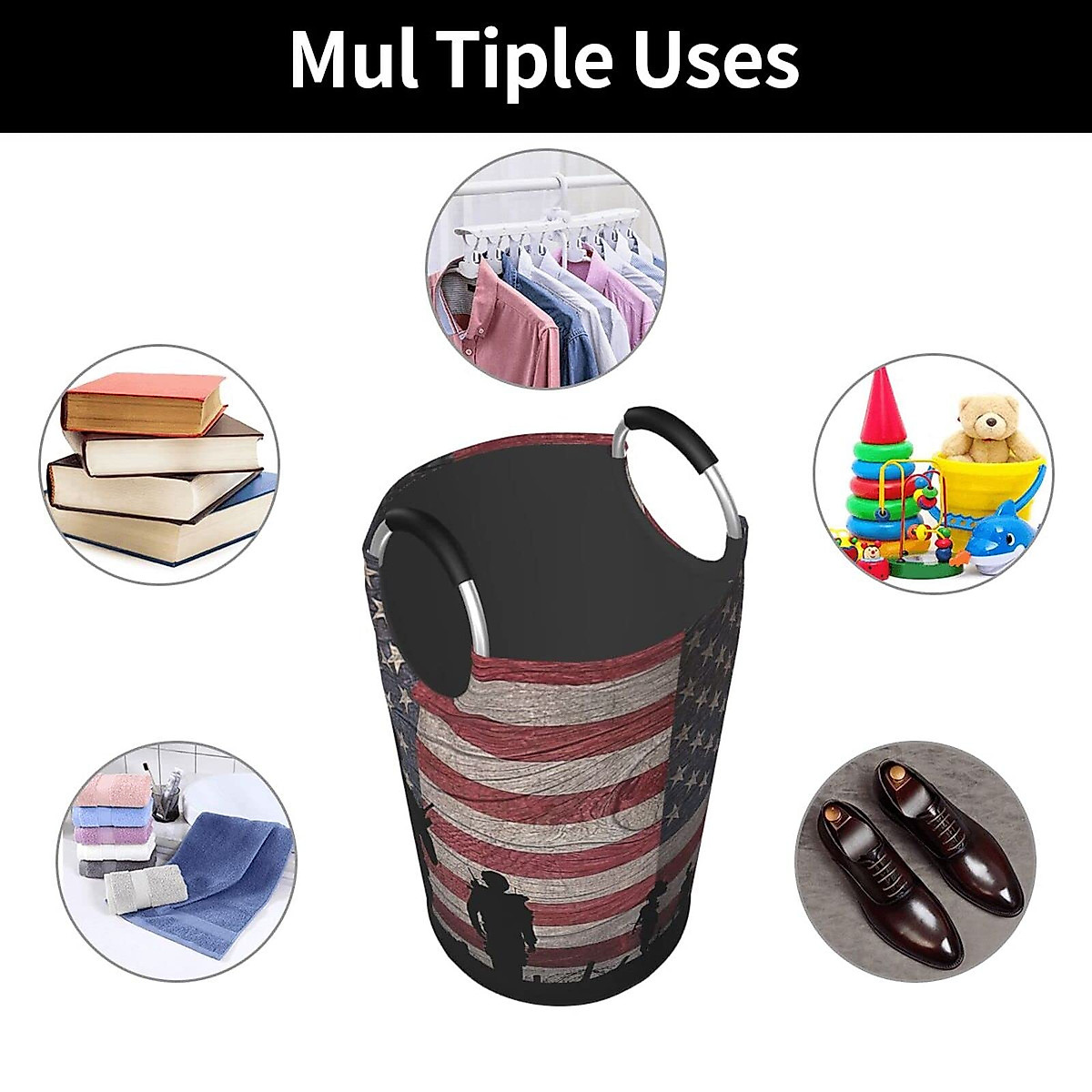 YISUMEI Laundry Basket with Handles Clothes Hamper Collapsible Durable Dirty Clothes Storage Laundry Organizer Vintage American Flag Soldier Pattern (Red and Black)