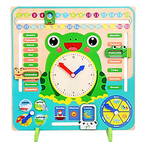 Ghims Montessori Educational Learning Toys, Kids Calendar, Toddler Calendar Learning for Home, Multifunctional Wooden Frog Teaching Clock, Weather, Season, Time, Week Toys for Kids 3+