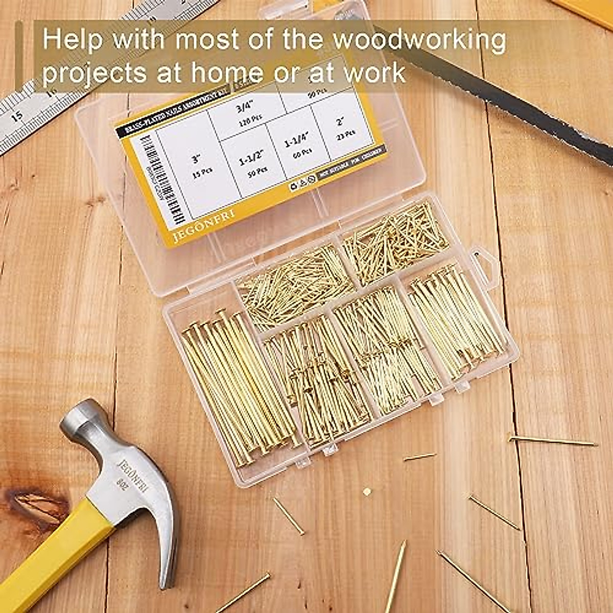 6 Sizes Gold Hardware Nails Assortment Kit, 358pcs, Brass Plated, Nails for Hanging Pictures, Finishing Nails, Wood Nails, Wall Nails for Hanging (3”, 2”, 1-1/2”, 1-1/4", 1”, 3/4")