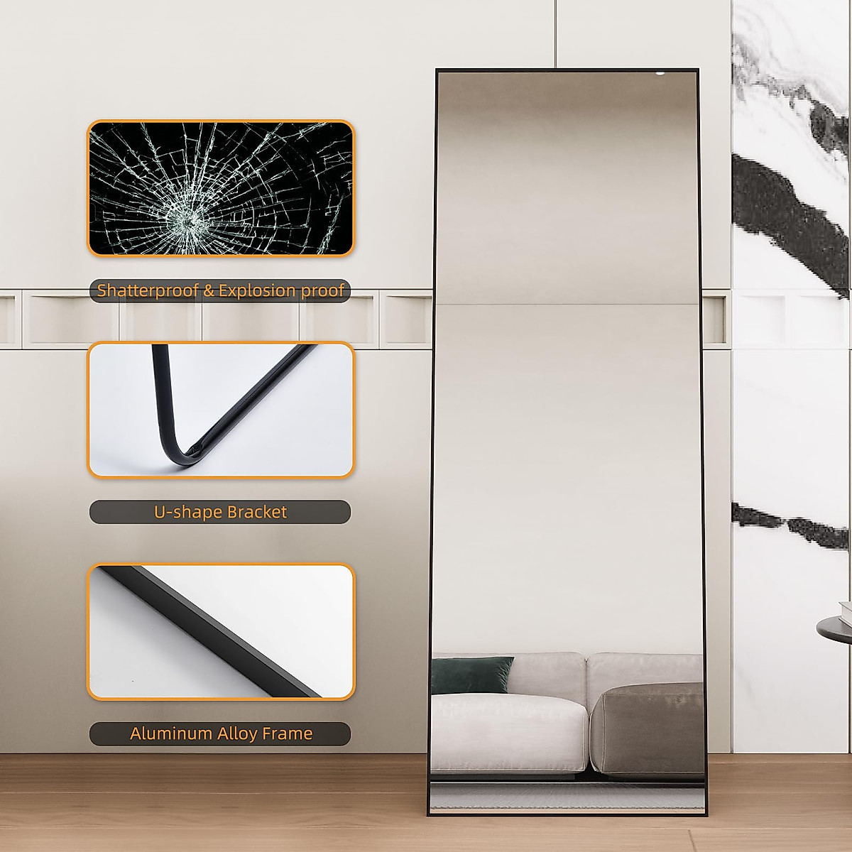 Full Length Full Body Mirror Wall Mirror Standing Mirror with Aluminum Alloy and Rectangle Design for Bedroom Living Room, 65” X 24” Black