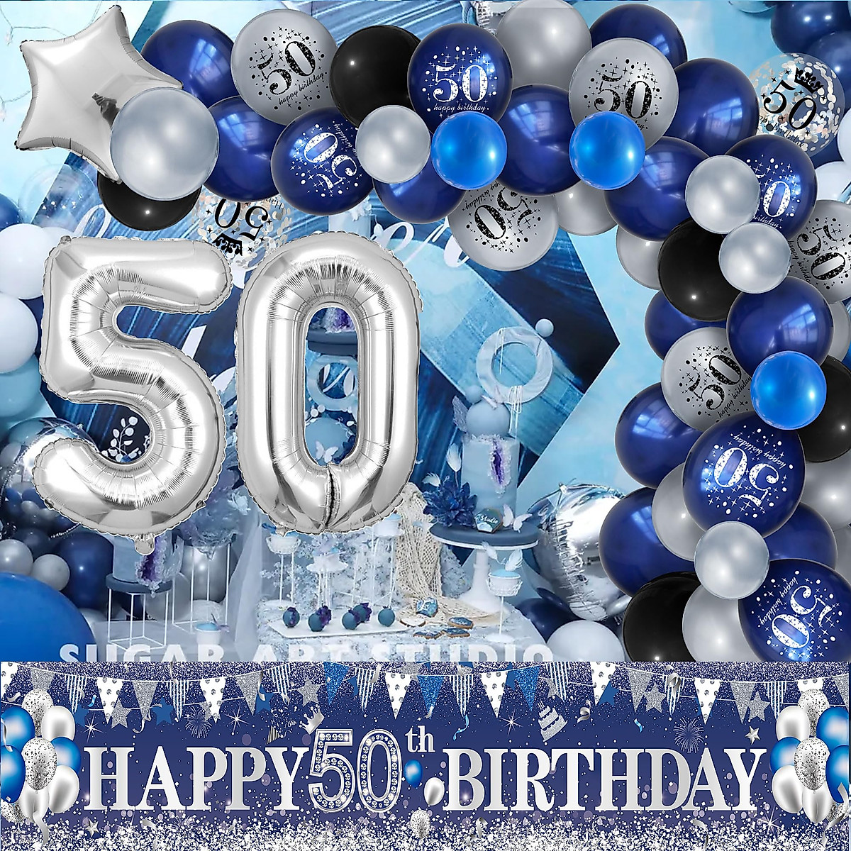 50th Birthday Party Decorations Navy Blue Silver Happy 50th Birthday Yard Banner with 61pcs Latex Balloons Foil Number 50 Balloons Backdrop for Men Women Birthday Anniversary Party Decor Supplies