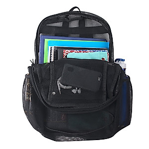Deluxe Mesh Backpack with Bungee Cord & Adjustable Padded Straps, for Swimming, School, Travel (Black)